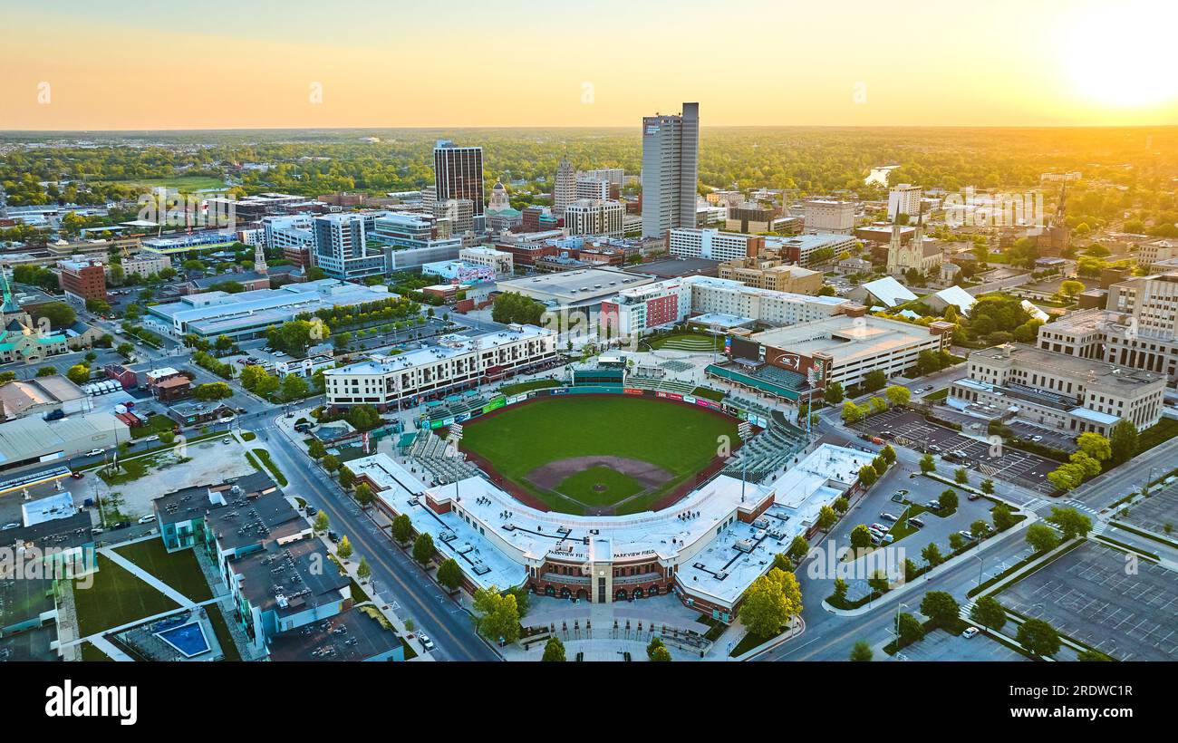Golden sunrise glow over downtown Fort Wayne and Parkview Field Stadium ...