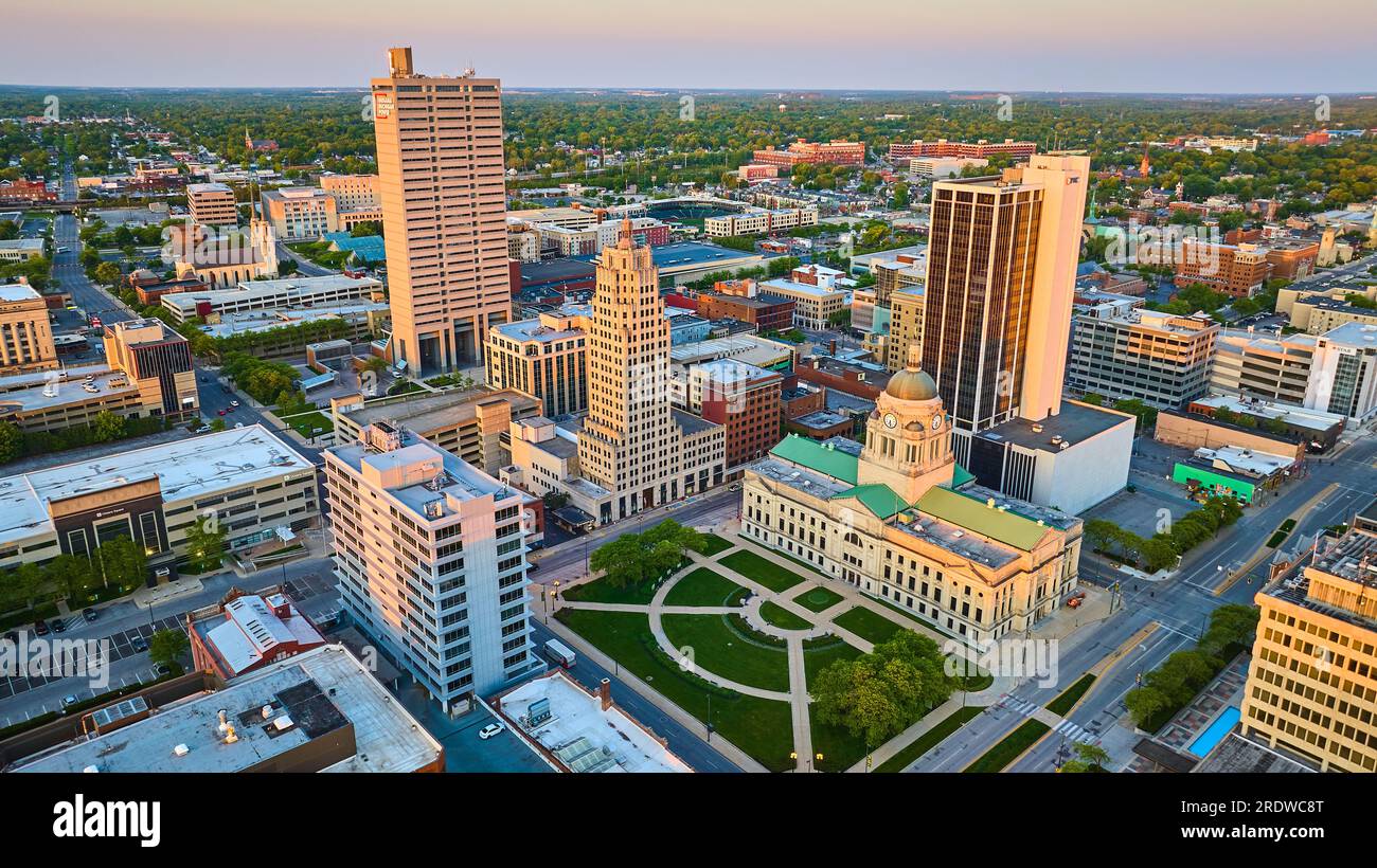 Aerial downtown Fort Wayne sunrise main building architecture ...