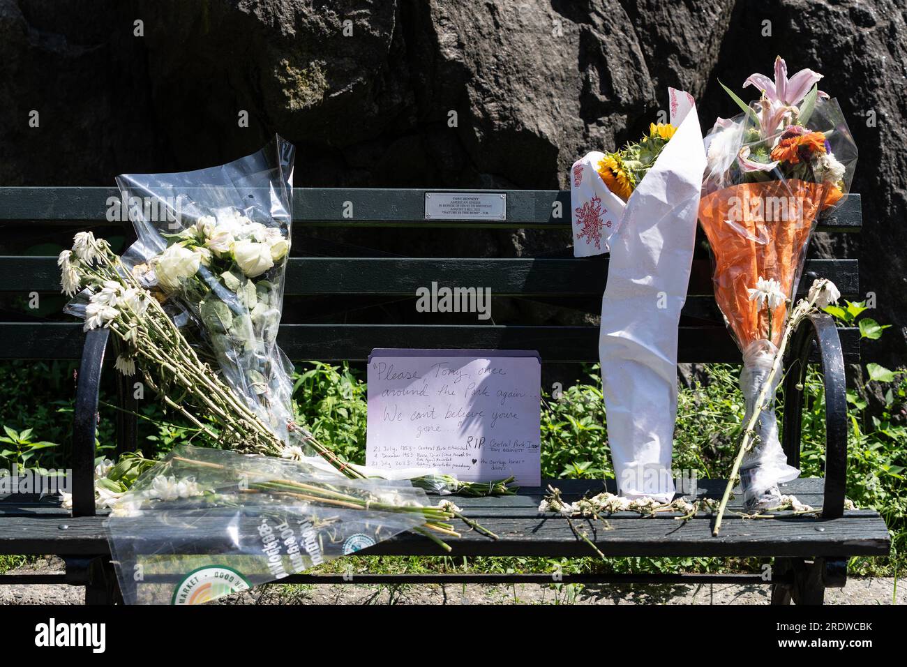 View of Tony Bennett's bench in Central Park, New York on July 23, 2023 ...
