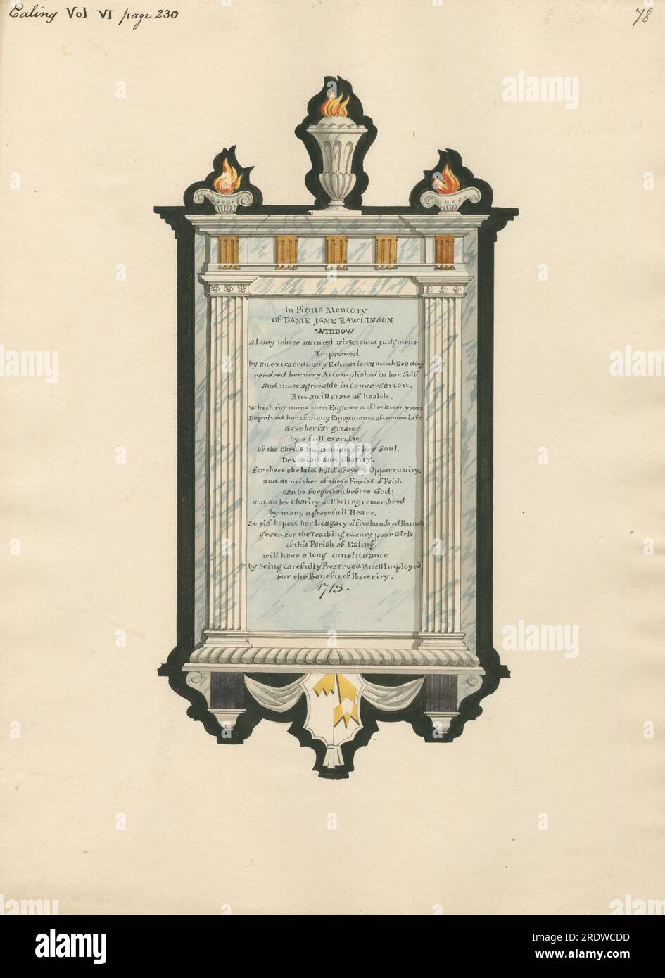Memorial to Dame Jane Rawlison from Ealing Church between 1796 and 1811 ...
