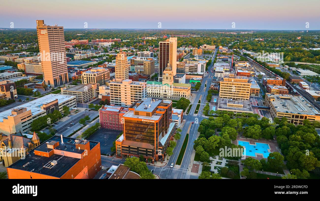 Sunrise aerial downtown Fort Wayne cityscape Freimann Square ...