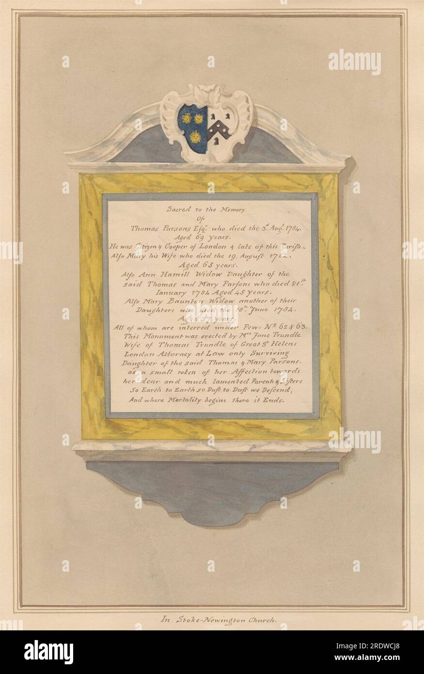 Memorial to Thomas Parsons, his Wife Mary and their Daughters, Ann ...