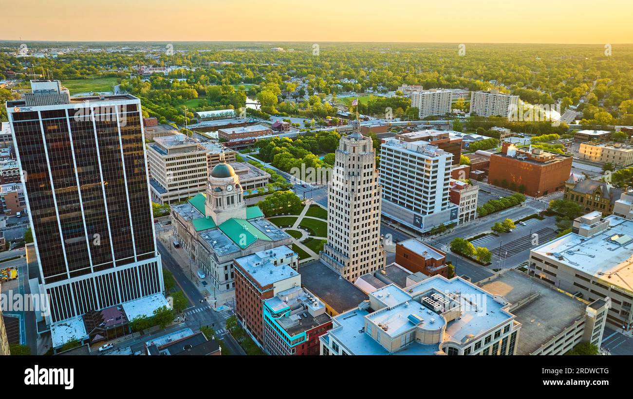 Downtown Fort Wayne PNC skyscraper courthouse summer sunrise aerial ...