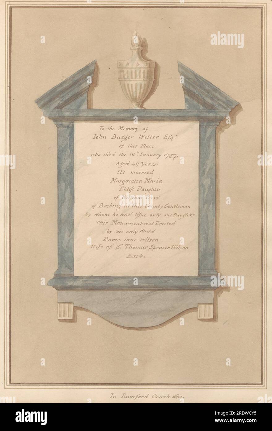 Memorial to John Badger Willer from Romford Church between 1796 and ...