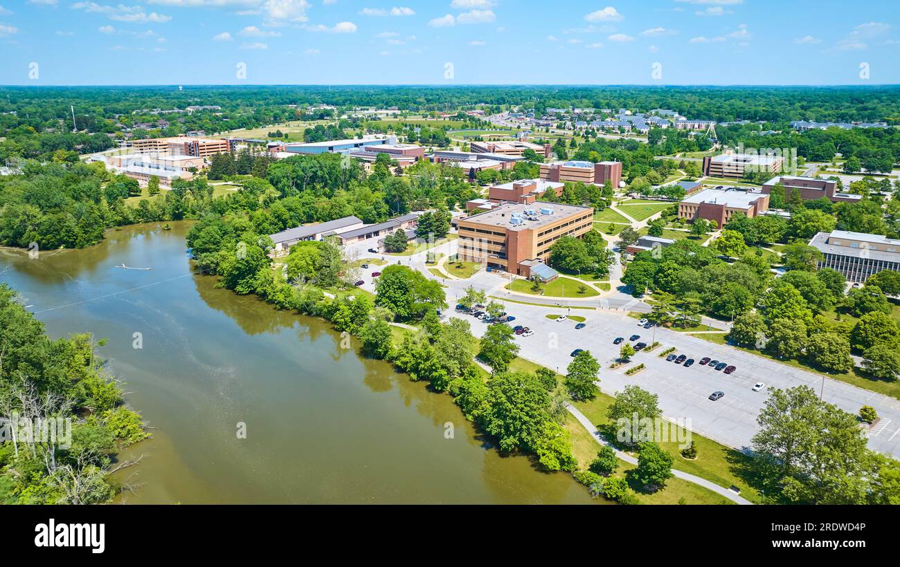 Aerial PFW college campus St Joseph River view of buildings with ...
