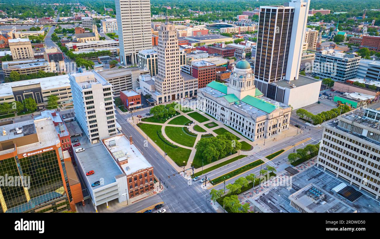 Aerial side view of Allen County courthouse in downtown Fort Wayne ...