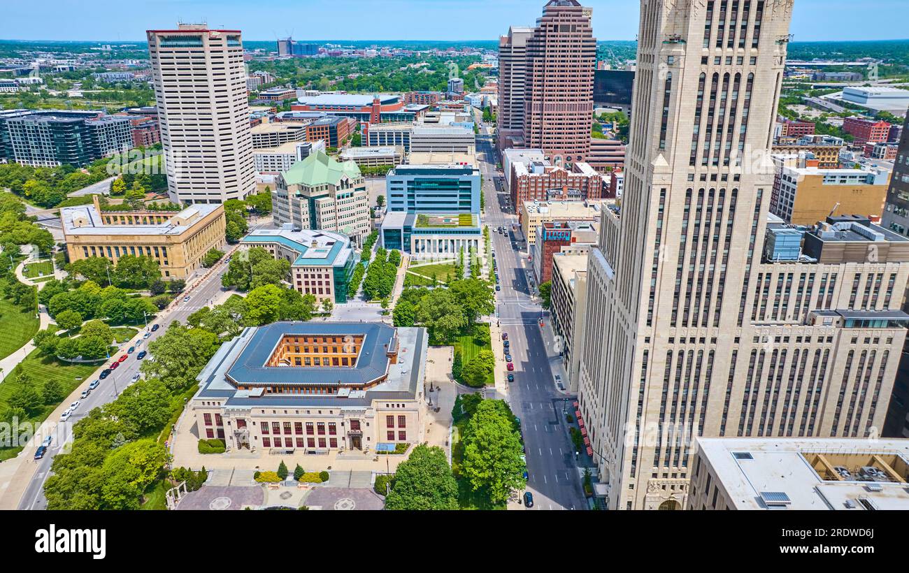 Main street in downtown Columbus Ohio aerial sky view of city with ...