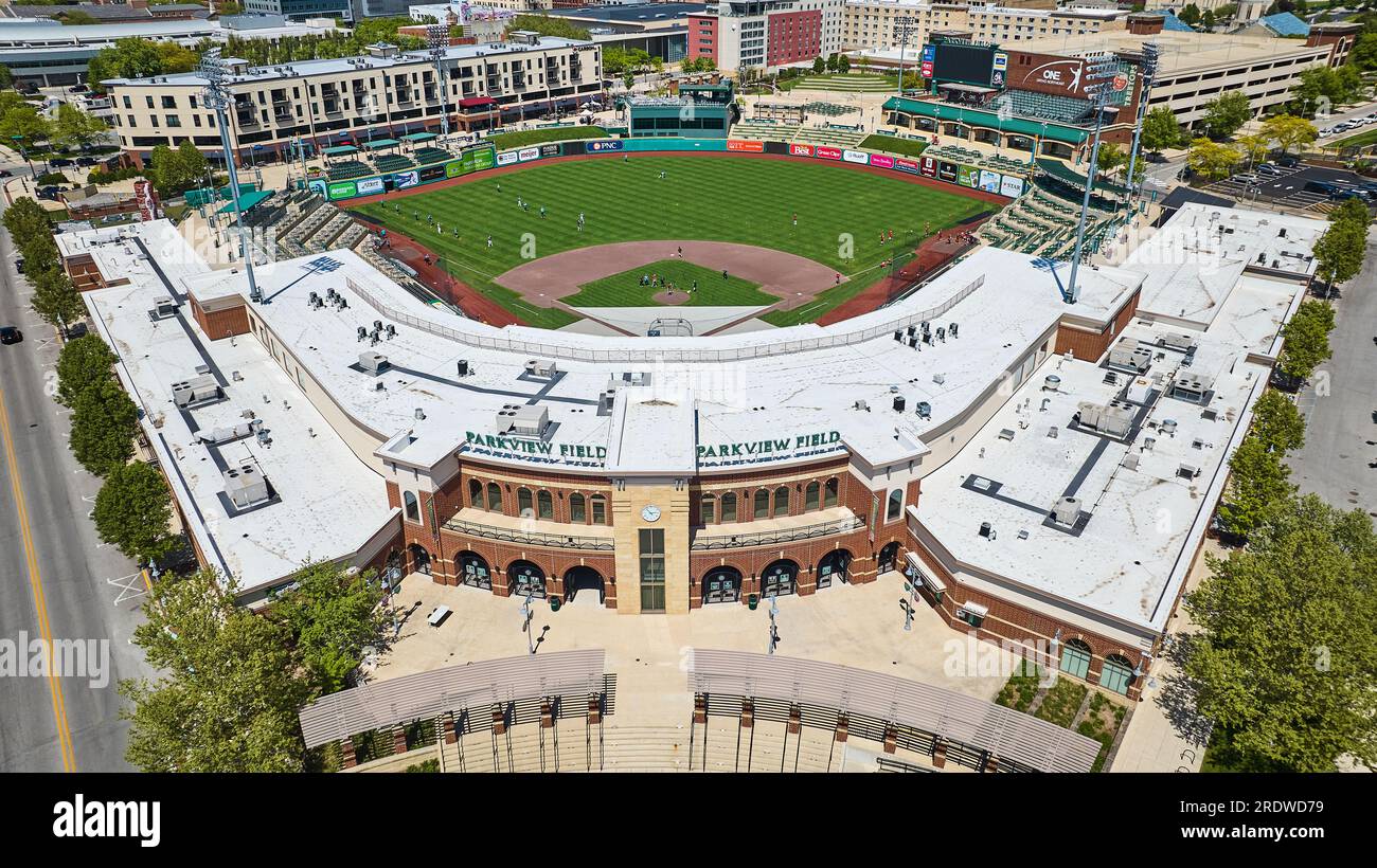 Aerial Fort Wayne Tin Caps Stadium Parkview Field baseball game players ...