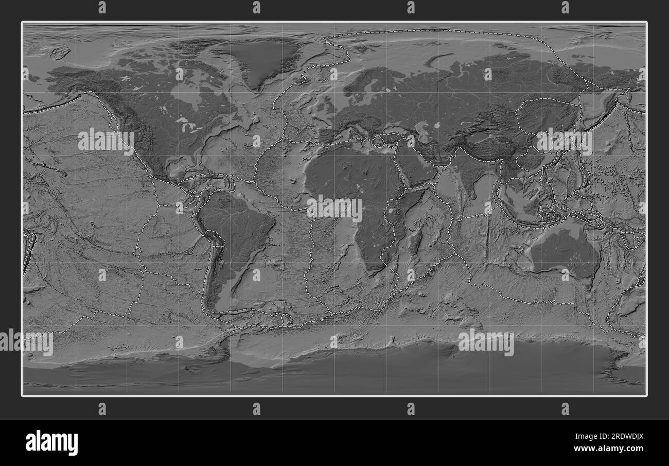 Tectonic Plate Boundaries On The World Bilevel Elevation Map In The Compact Miller Projection