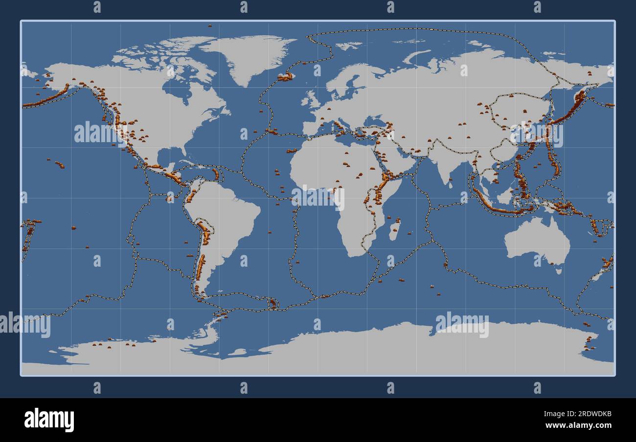 Distribution of known volcanoes on the world solid contour map in the ...