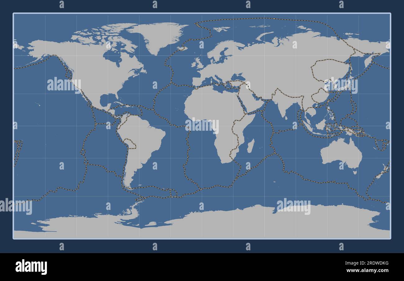 Tectonic Plate Boundaries On The World Solid Contour Map In The Compact Miller Projection