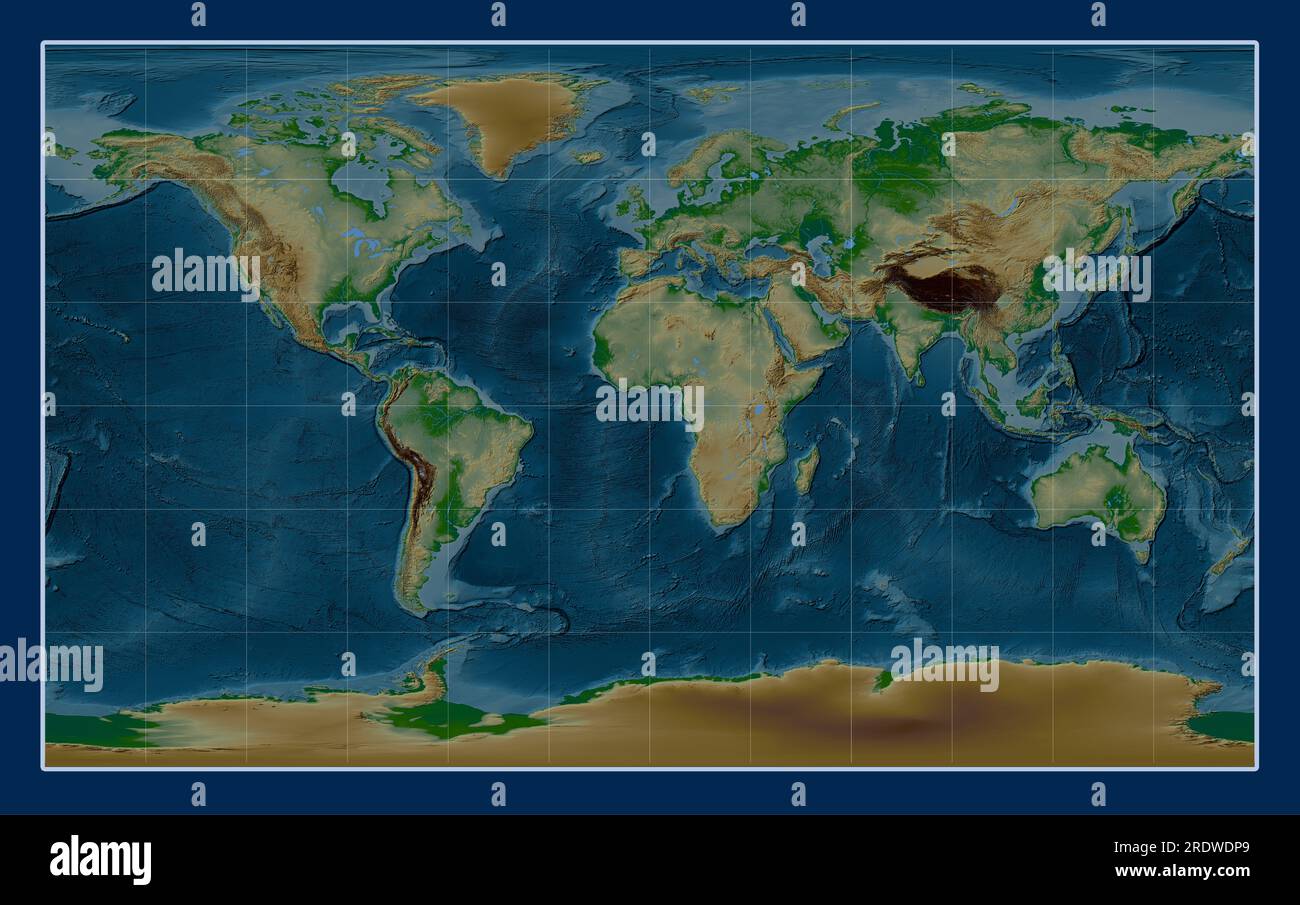 World physical elevation map in the Compact Miller projection centered ...
