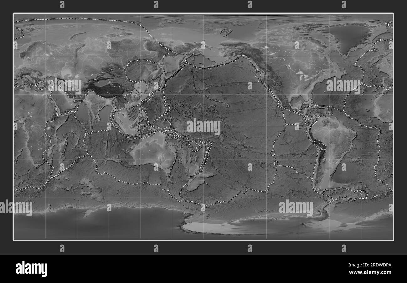 Tectonic Plate Boundaries On The World Grayscale Elevation Map In The Compact Miller Projection