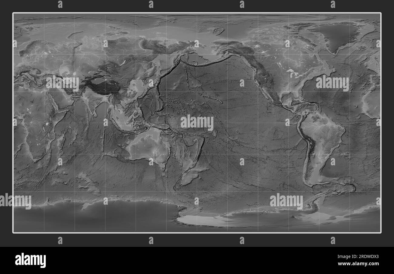 World grayscale elevation map in the Compact Miller projection centered ...