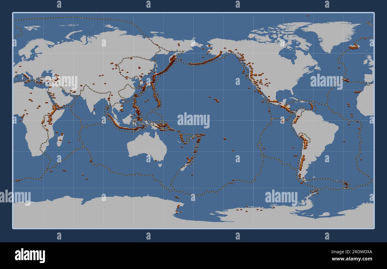 Distribution of known volcanoes on the world solid contour map in the ...