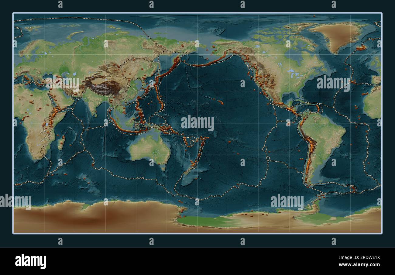 Distribution of known volcanoes on the world wikipedia style elevation ...