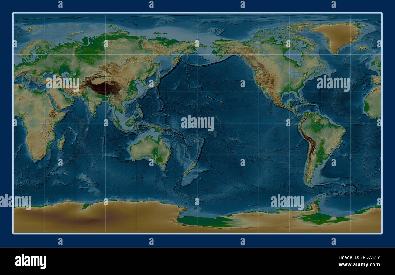 World physical elevation map in the Compact Miller projection centered ...