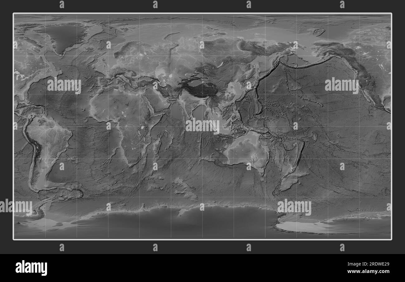 World grayscale elevation map in the Compact Miller projection centered on the 90th meridian ...