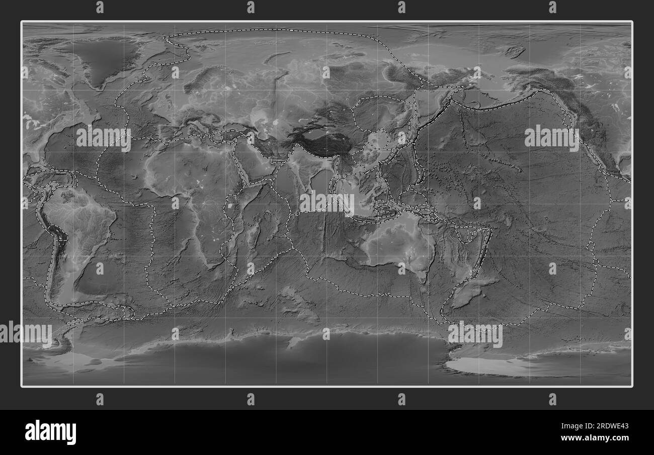 Tectonic Plate Boundaries On The World Grayscale Elevation Map In The Compact Miller Projection