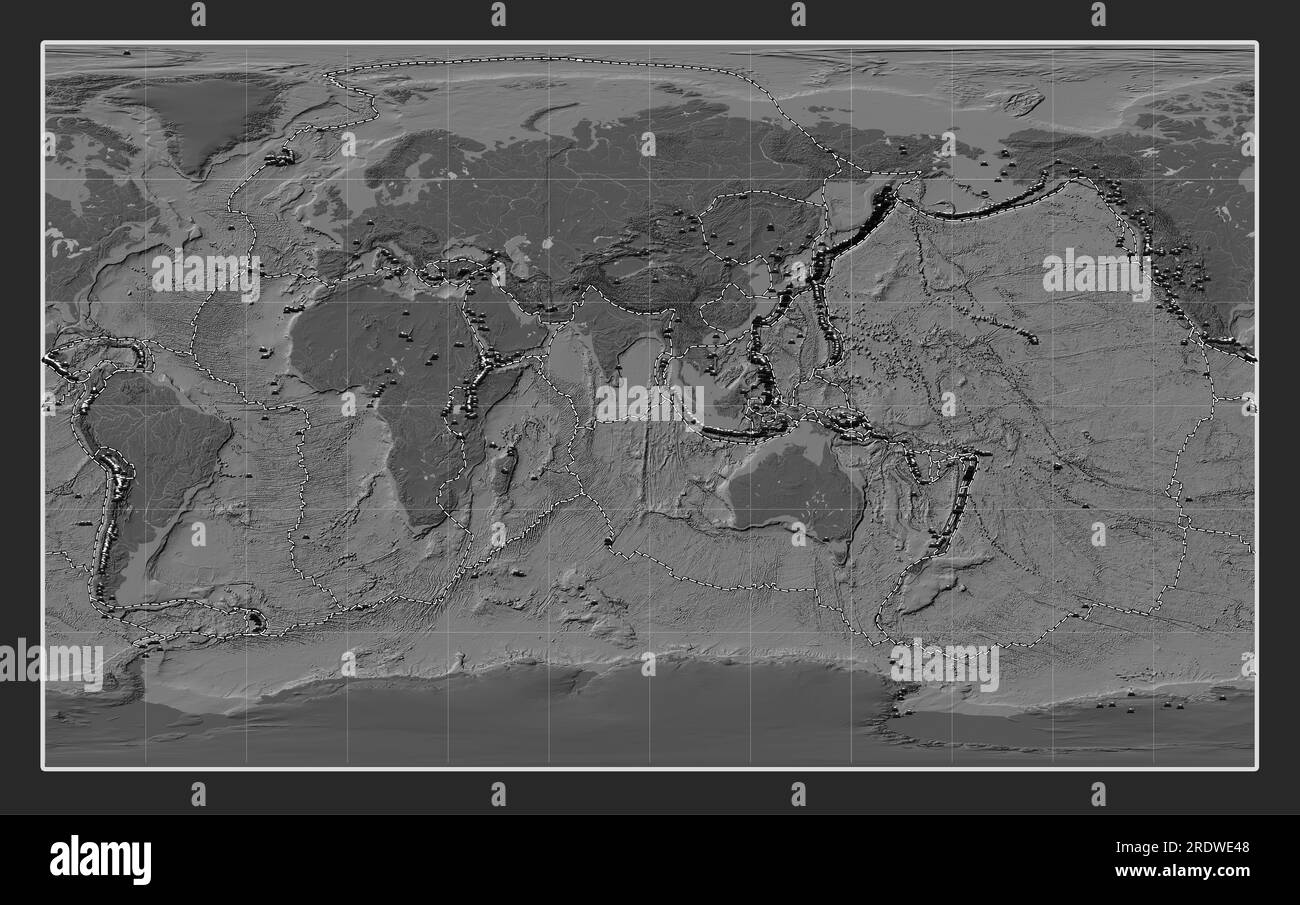 Distribution of known volcanoes on the world bilevel elevation map in ...