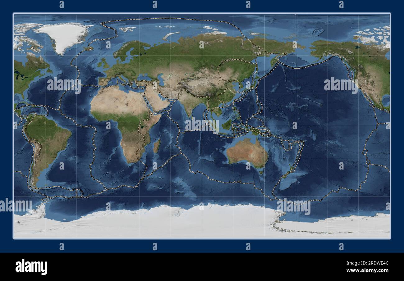 Tectonic plate boundaries on the world blue Marble satellite map in the ...
