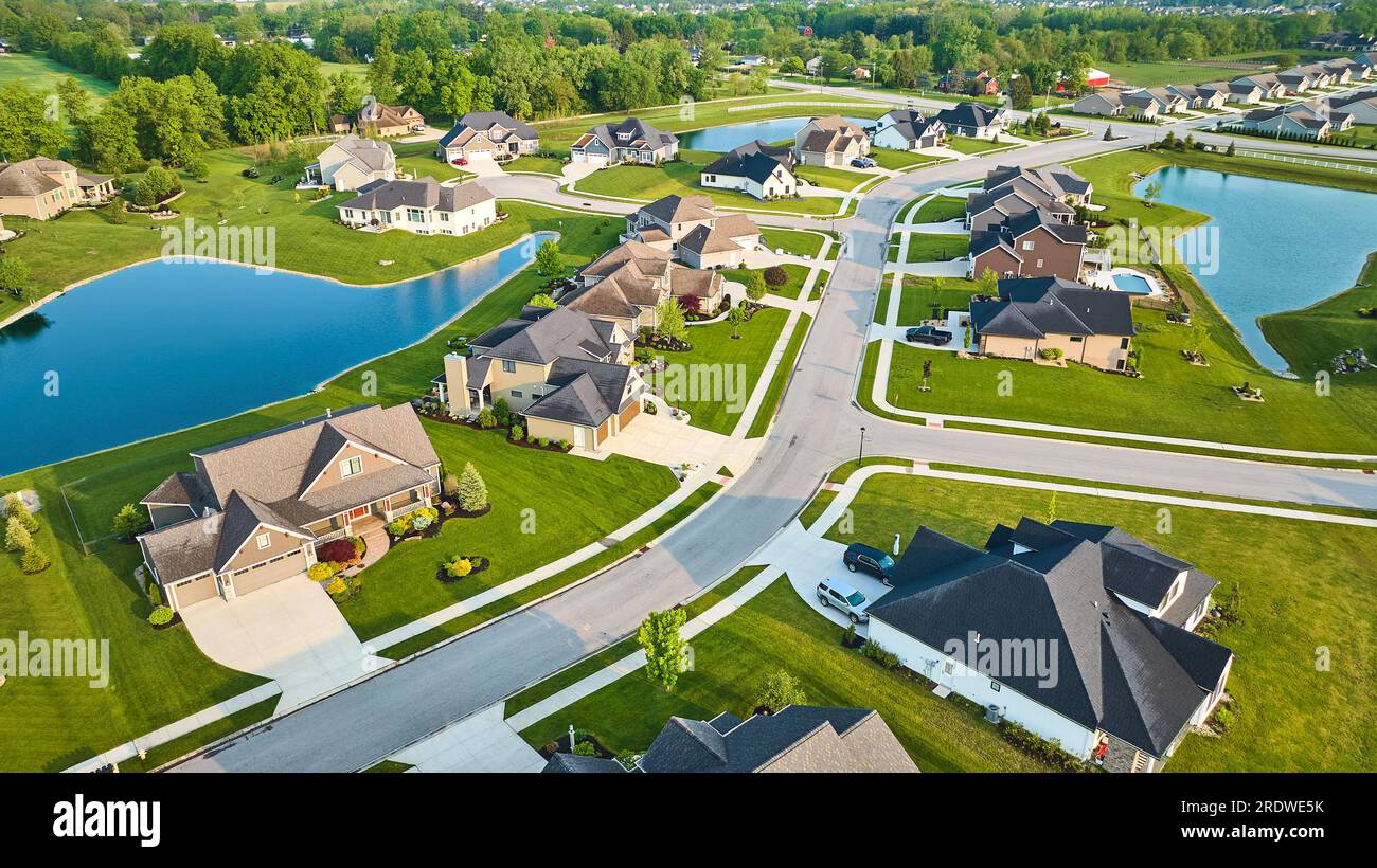 Rich expensive neighborhood aerial with mini mansions, high-end ...