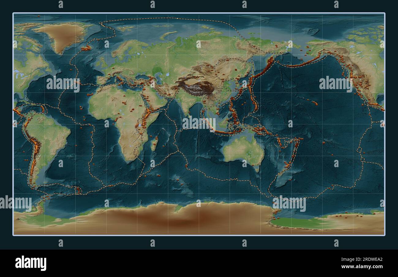 Distribution of known volcanoes on the world wikipedia style elevation ...