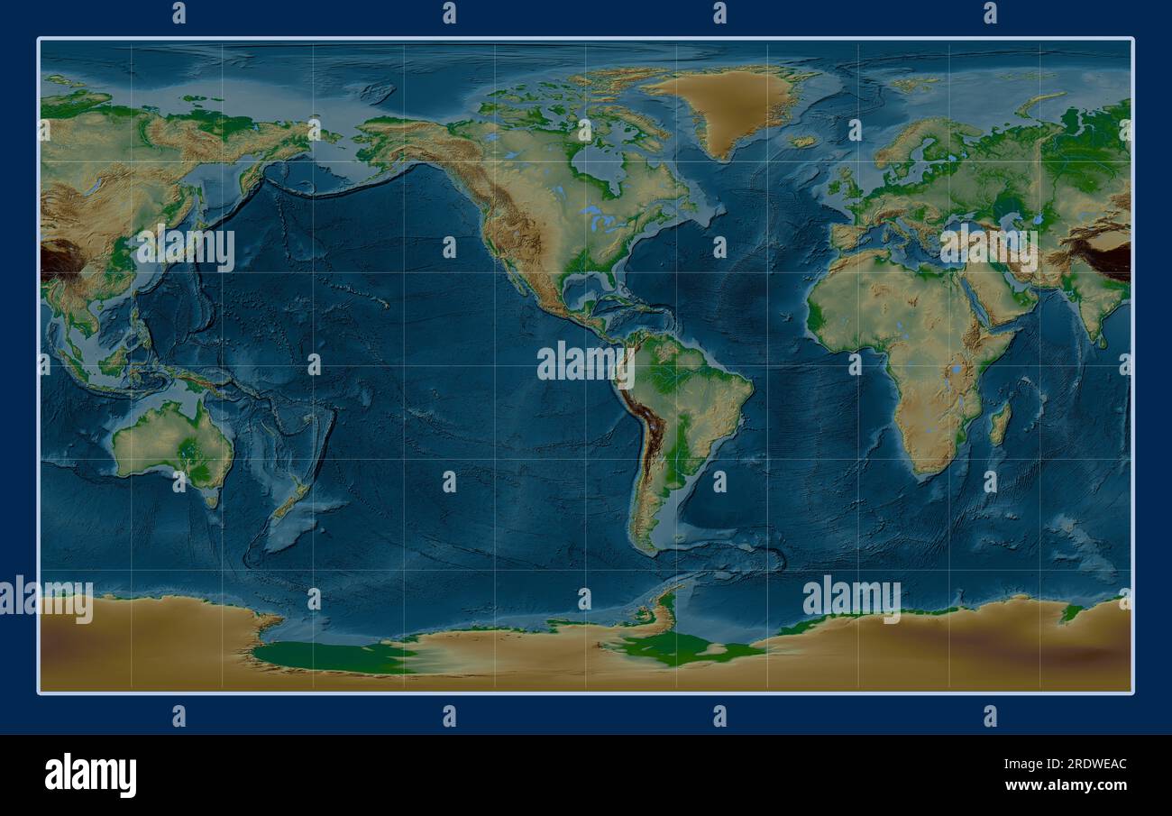 World physical elevation map in the Compact Miller projection centered ...