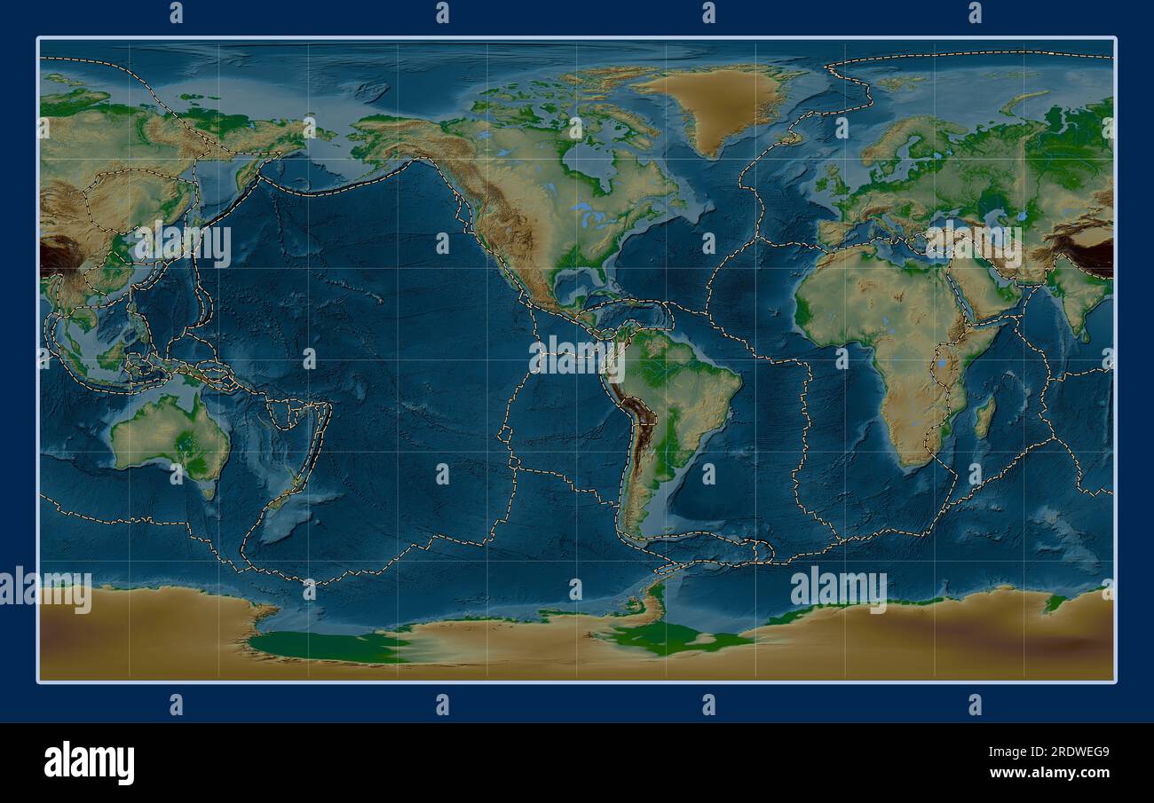 Tectonic plate boundaries on the world physical elevation map in the ...