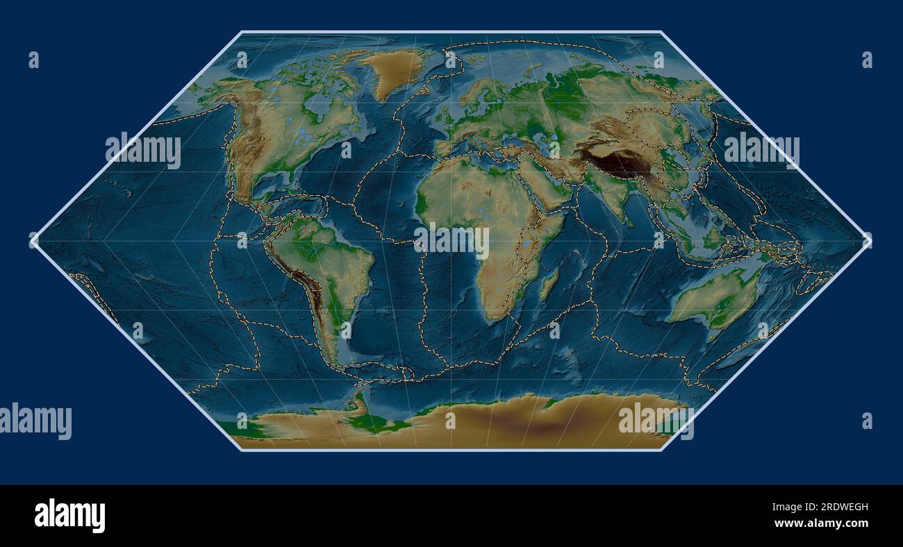 Tectonic plate boundaries on the world physical elevation map in the ...
