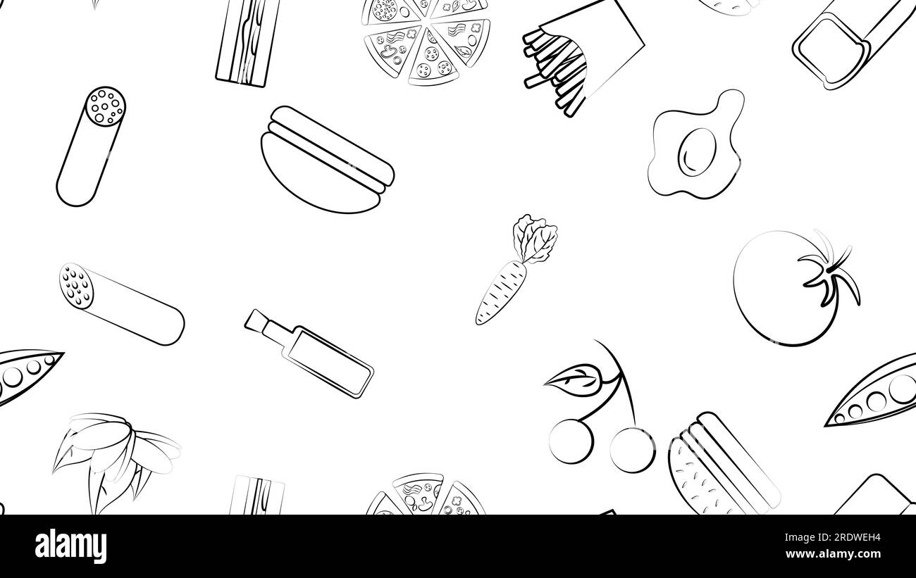 Black and white endless seamless pattern of food and snack items icons ...