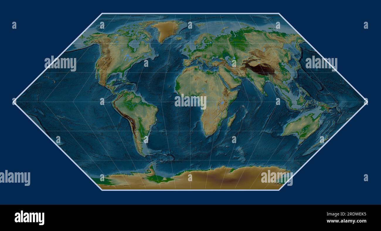 World physical elevation map in the Eckert I projection centered on the ...