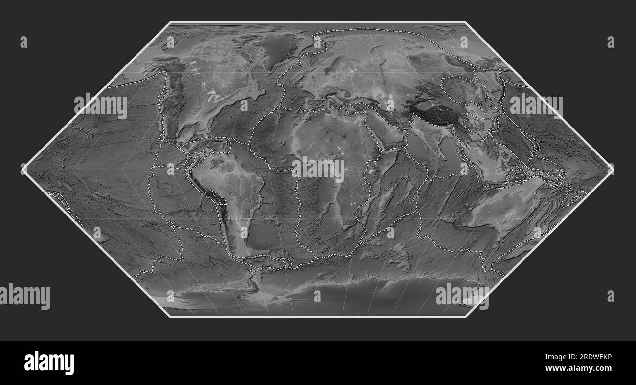 Tectonic Plate Boundaries On The World Grayscale Elevation Map In The Eckert I Projection