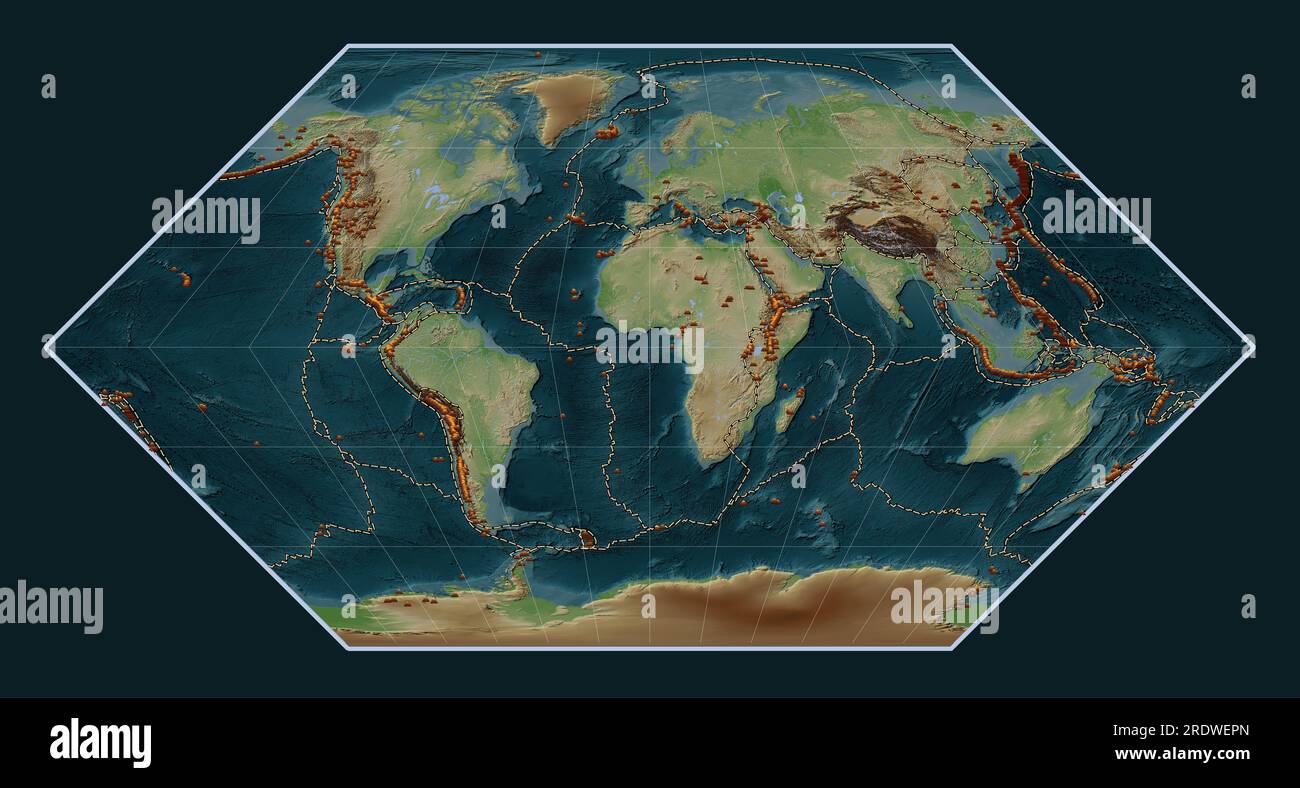 Distribution of known volcanoes on the world wiki style elevation map ...