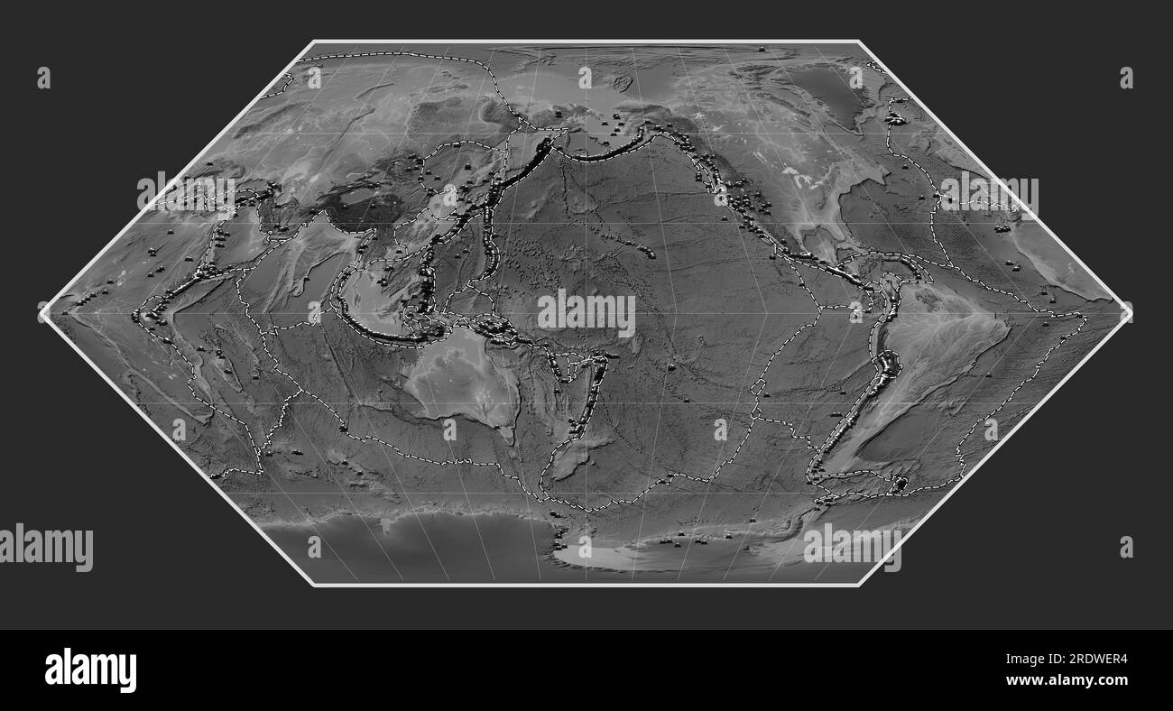 Distribution of known volcanoes on the world grayscale elevation map in ...