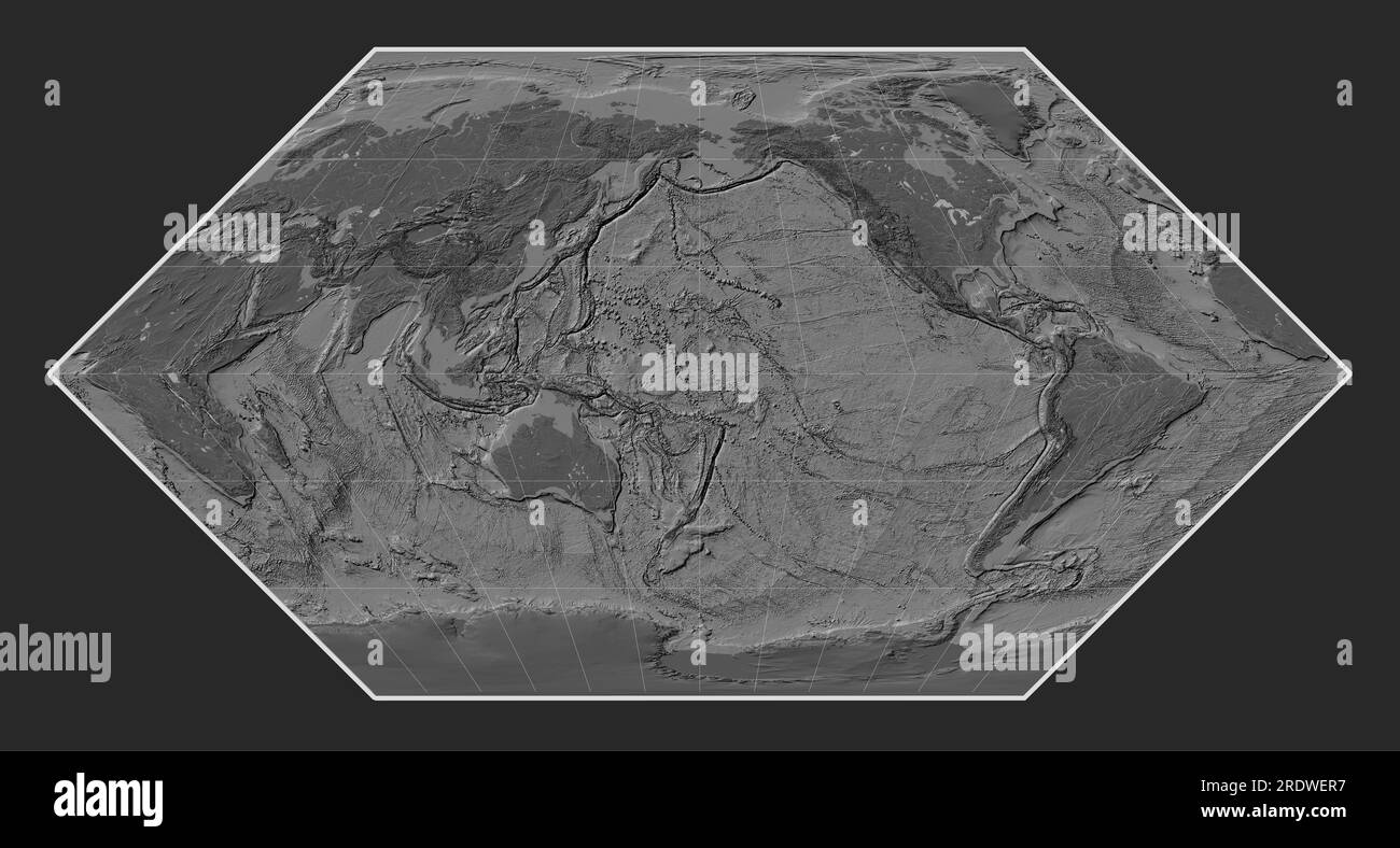 World bilevel elevation map in the Eckert I projection centered on the ...