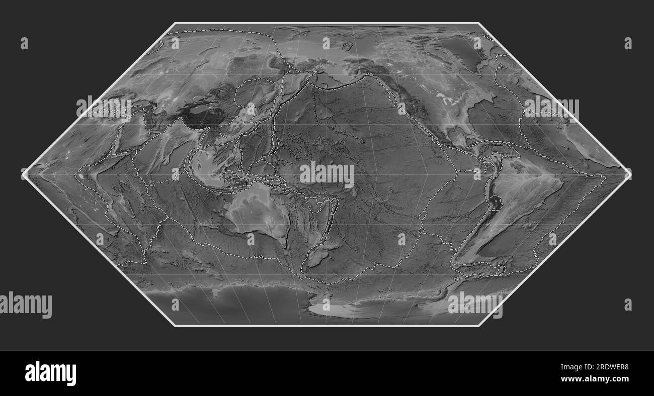 Tectonic plate boundaries on the world grayscale elevation map in the ...