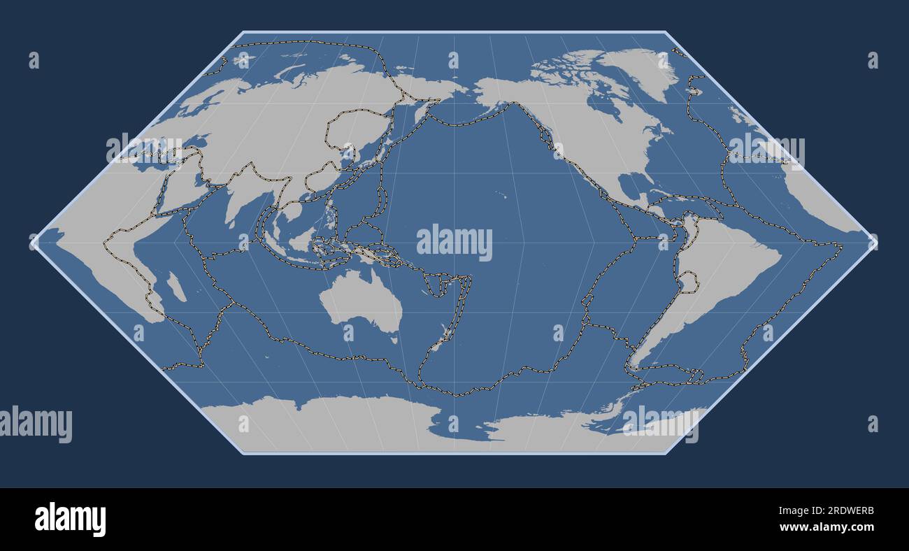 Tectonic plate boundaries on the world solid contour map in the Eckert ...