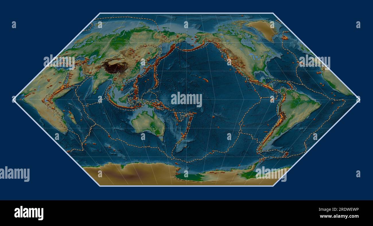 Distribution of known volcanoes on the world physical elevation map in ...
