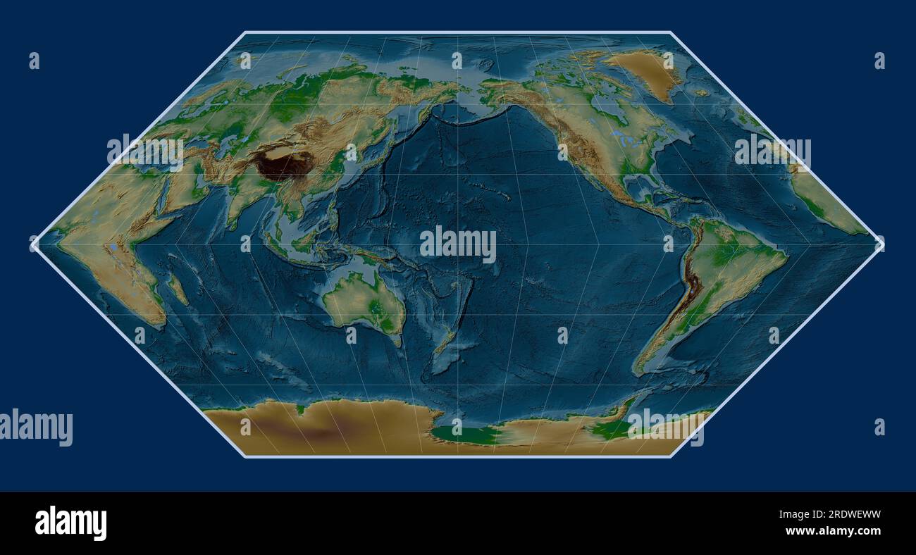 World physical elevation map in the Eckert I projection centered on the ...