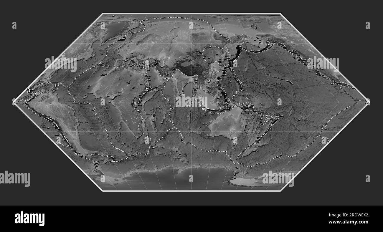 Distribution of known volcanoes on the world grayscale elevation map in ...