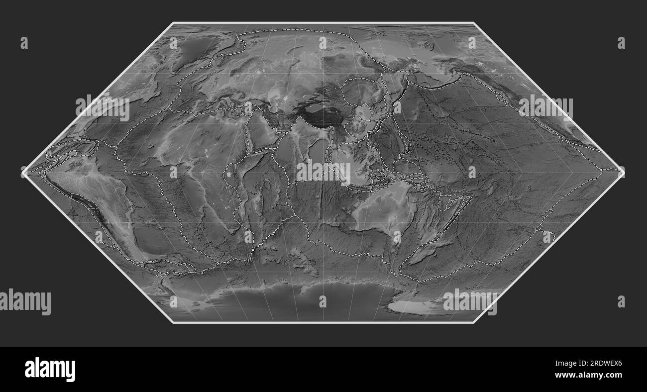 Tectonic plate boundaries on the world grayscale elevation map in the ...