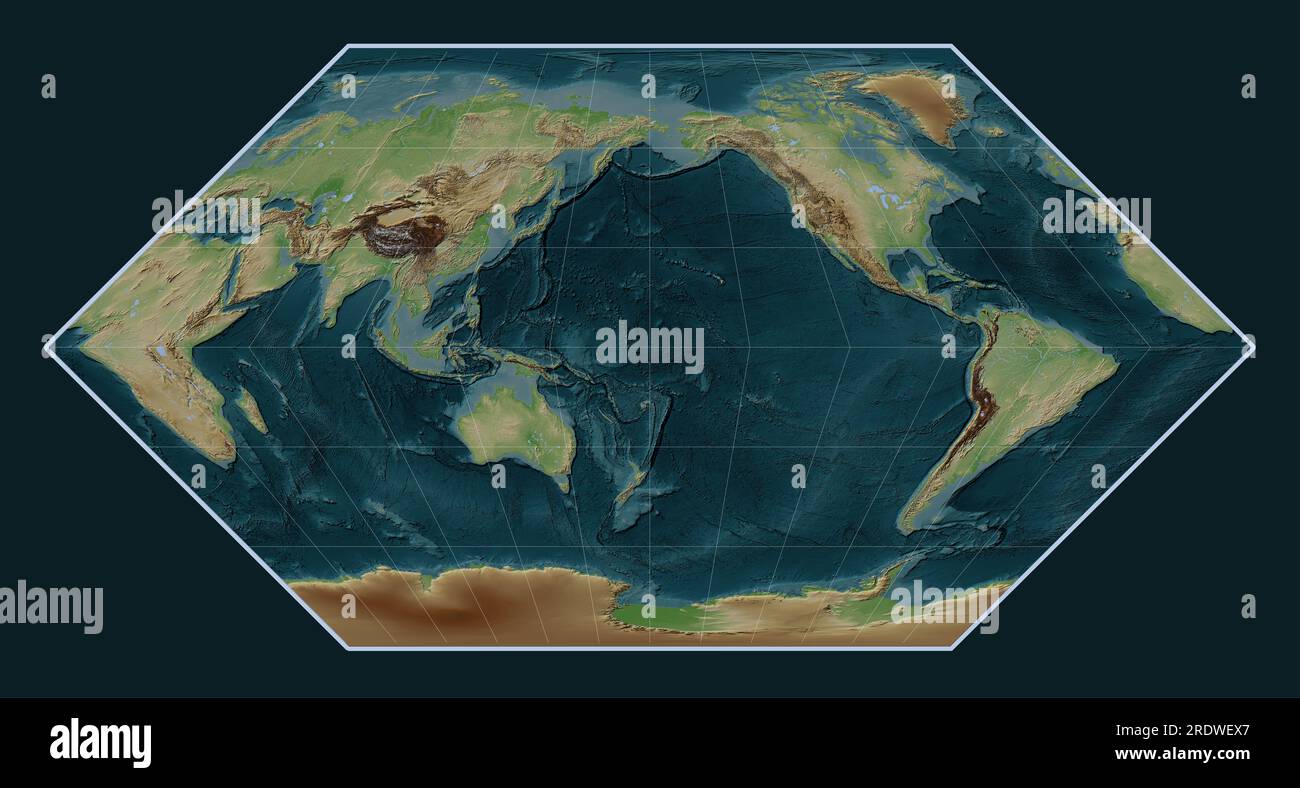 World wikipedia style elevation map in the Eckert I projection centered ...