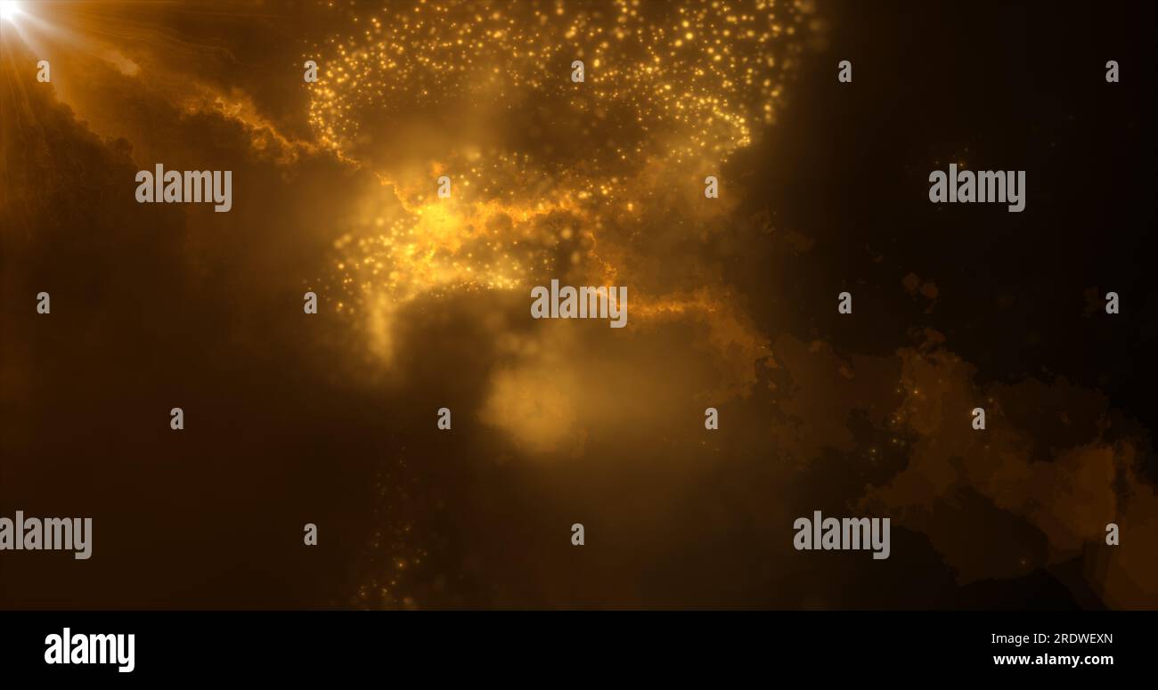 Abstract background of orange yellow fiery flying energy particles of ...