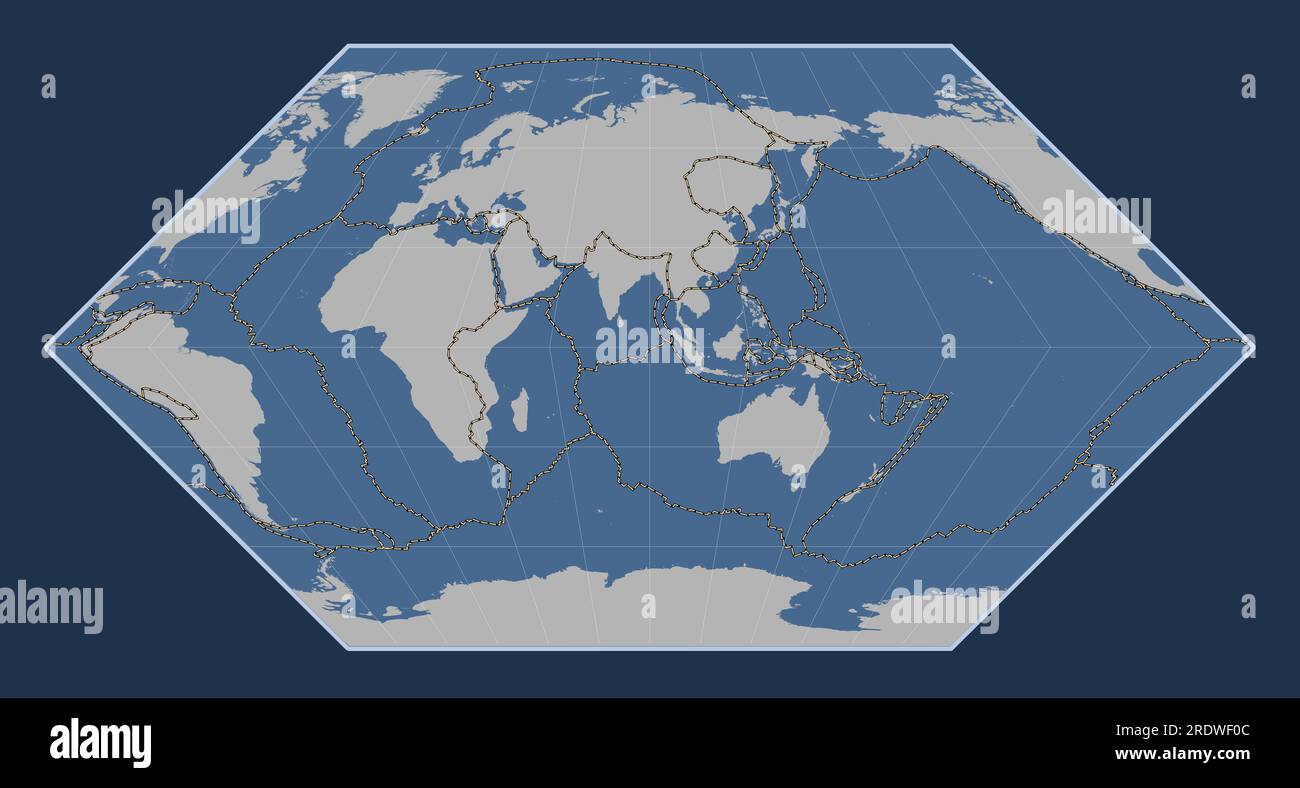 Tectonic plate boundaries on the world solid contour map in the Eckert ...