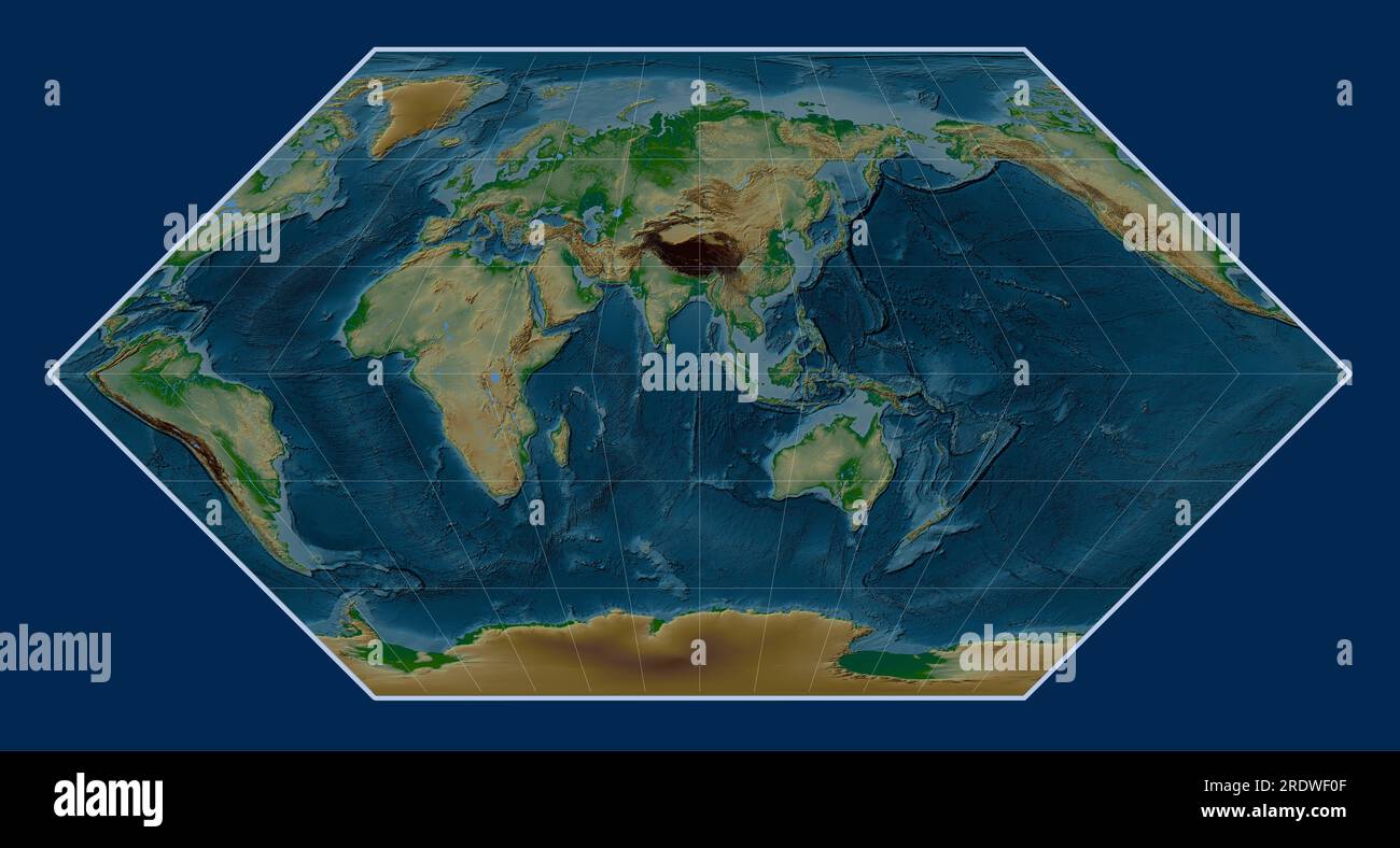 World physical elevation map in the Eckert I projection centered on the ...