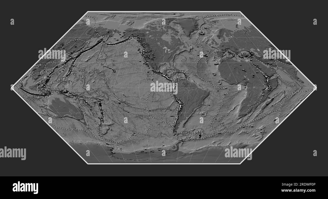 Distribution of known volcanoes on the world bilevel elevation map in ...