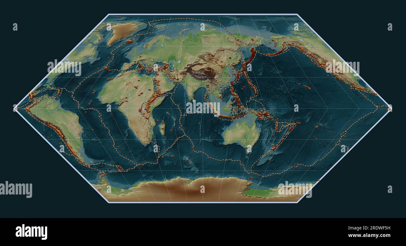 Distribution of known volcanoes on the world wikipedia style elevation ...