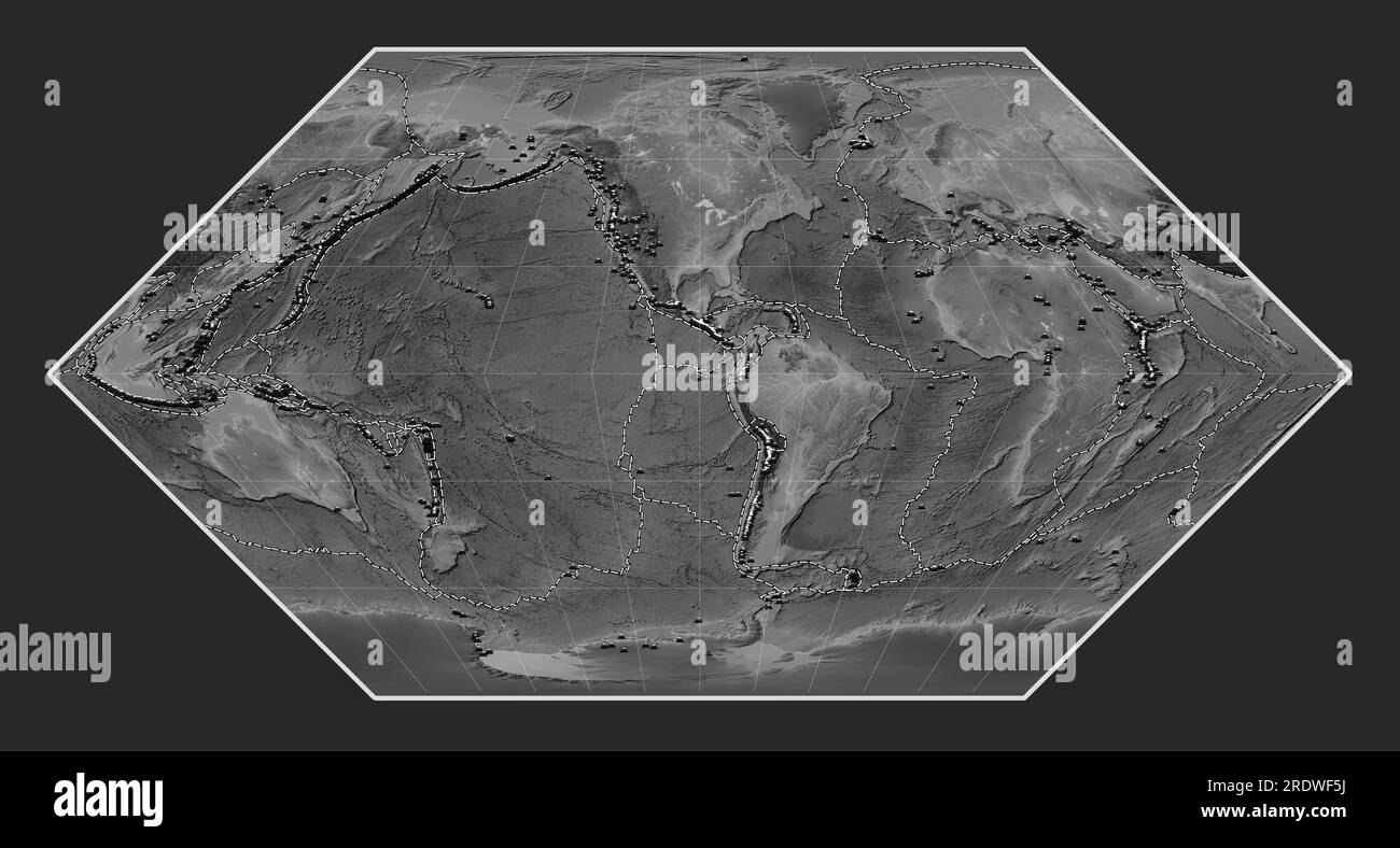 Distribution of known volcanoes on the world grayscale elevation map in ...