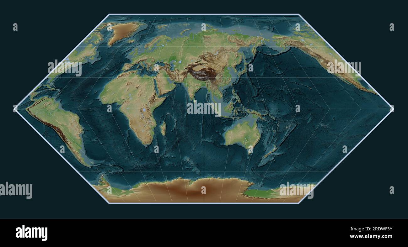 World wikipedia style elevation map in the Eckert I projection centered ...